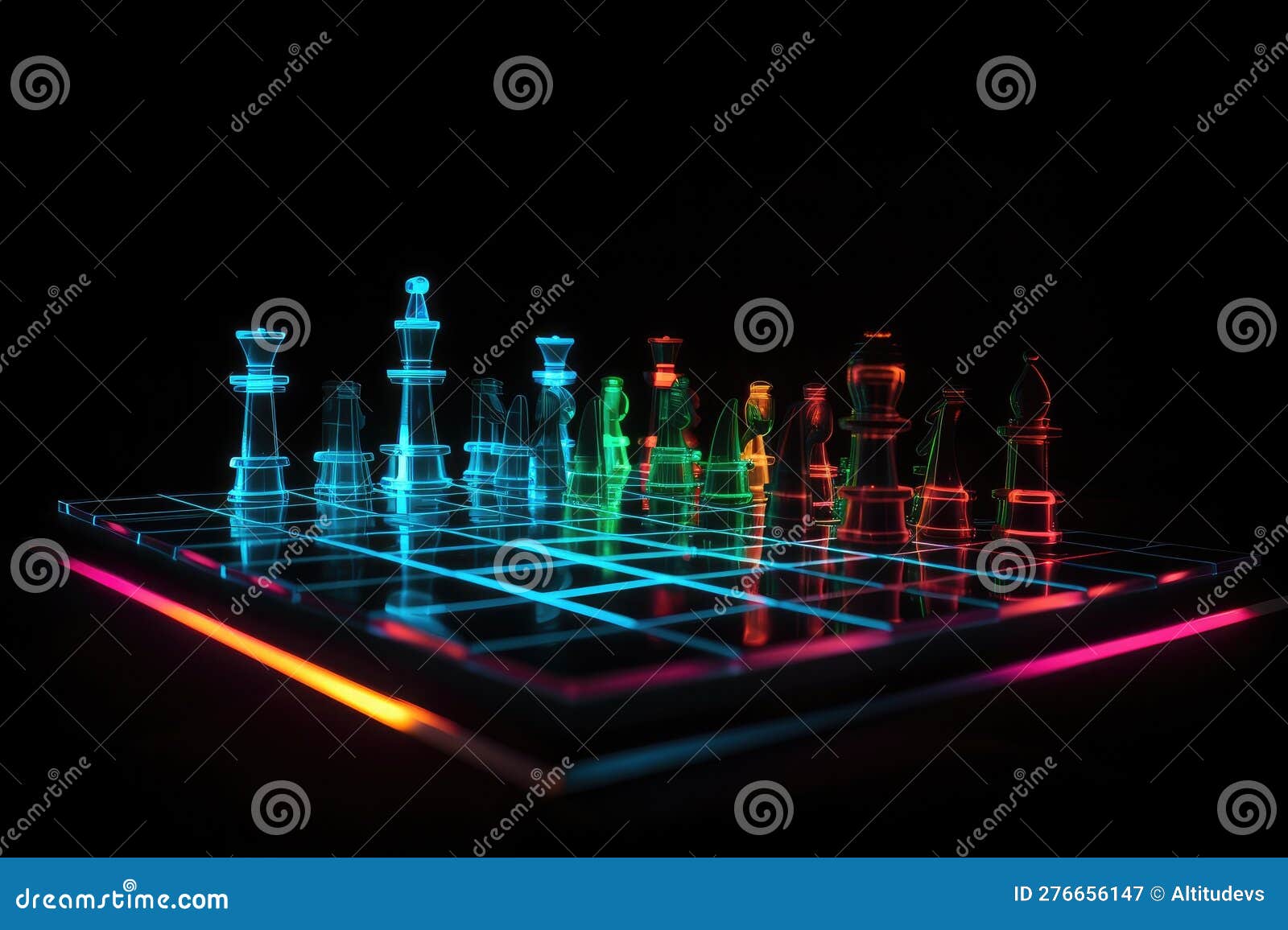 Neon Chess Game, with Pieces in Motion, Against Black Background Stock ...