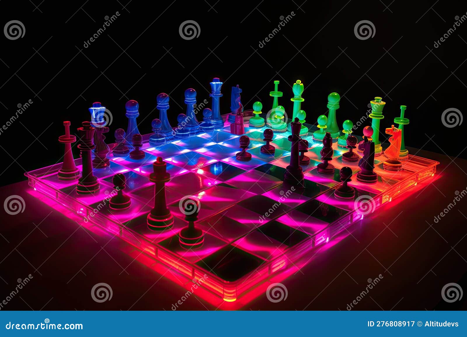 Neon Chess Game, with Pieces in Motion and Battles Taking Place Stock ...