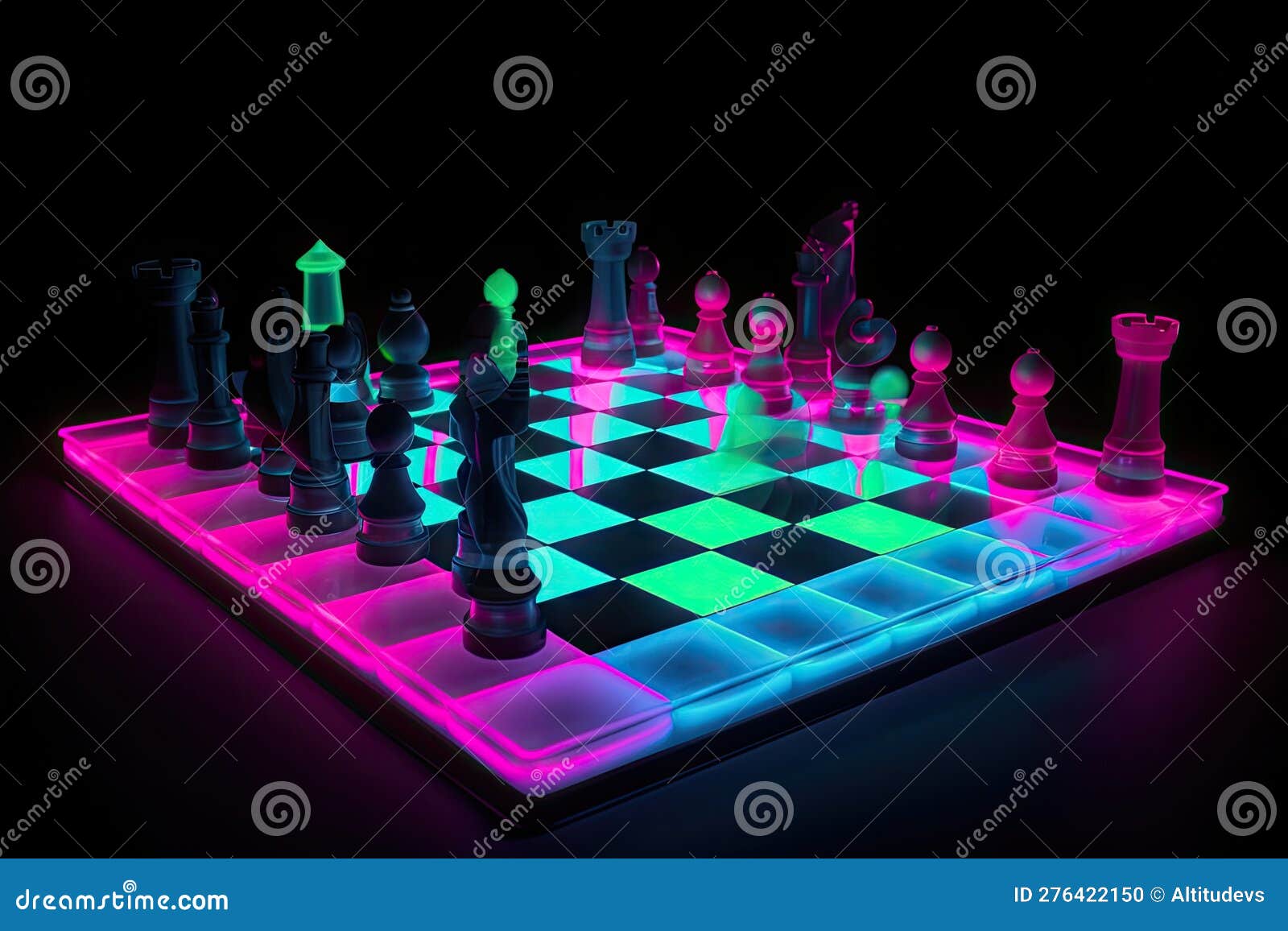Neon Chess Game, with Pieces Set in Motion and Game about To Begin ...