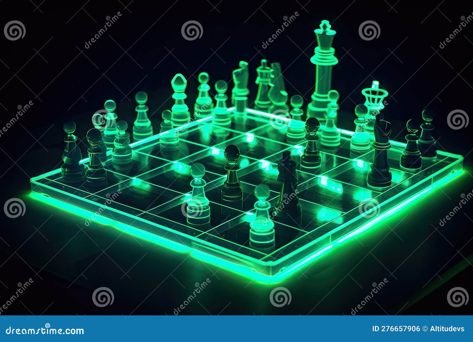 Neon Chess Game, with Pieces Set in Motion and Game about To Begin ...