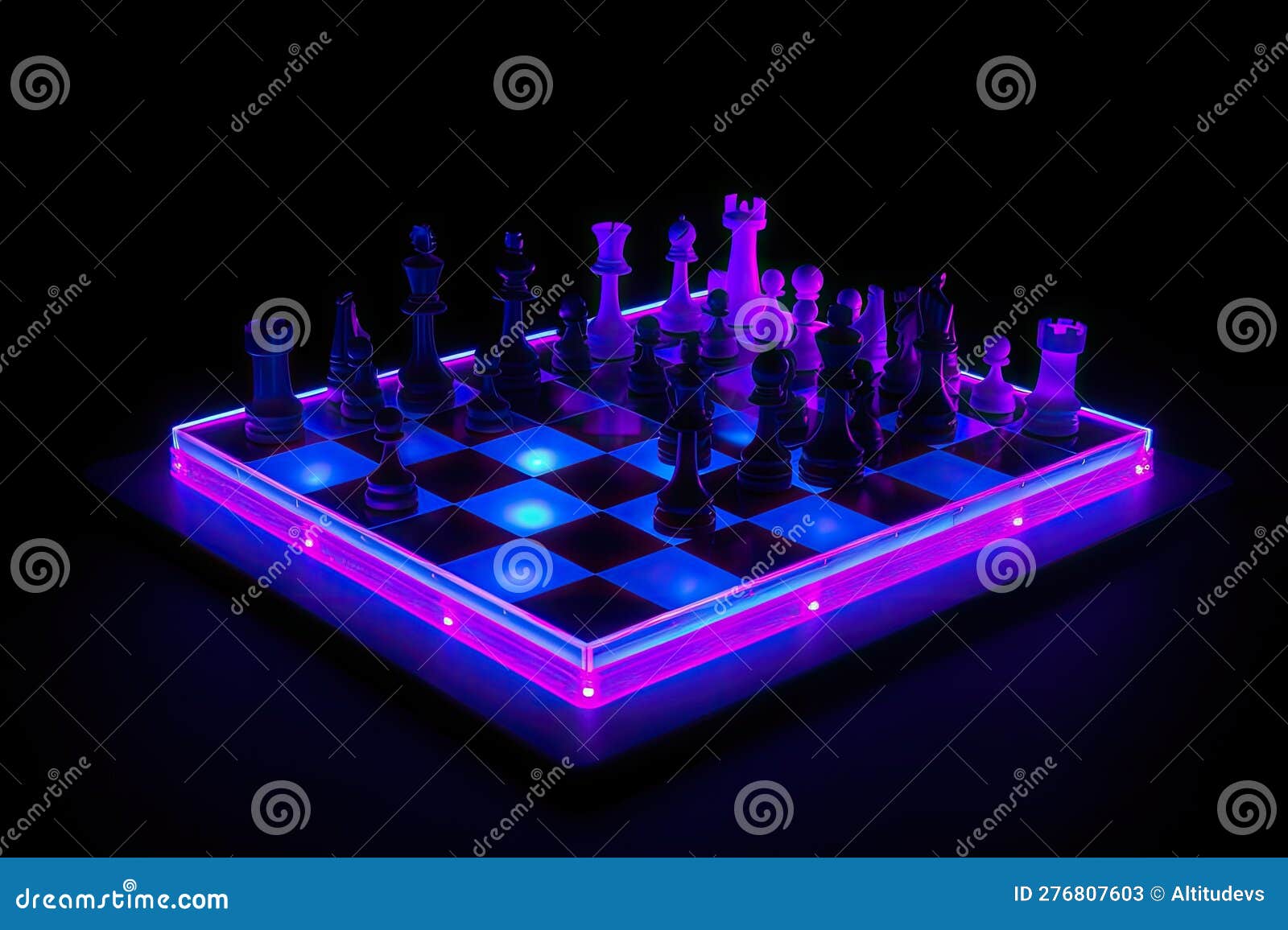 Neon Chess Game Under Black Light, with Glowing Pieces and Board Stock ...