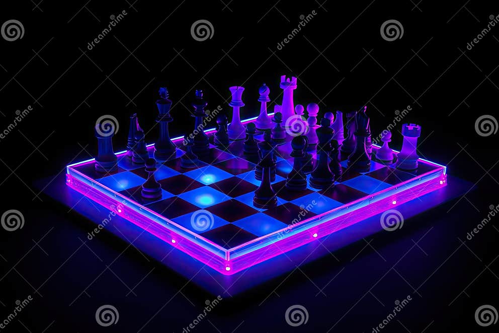 Neon Chess Game Under Black Light, with Glowing Pieces and Board Stock ...