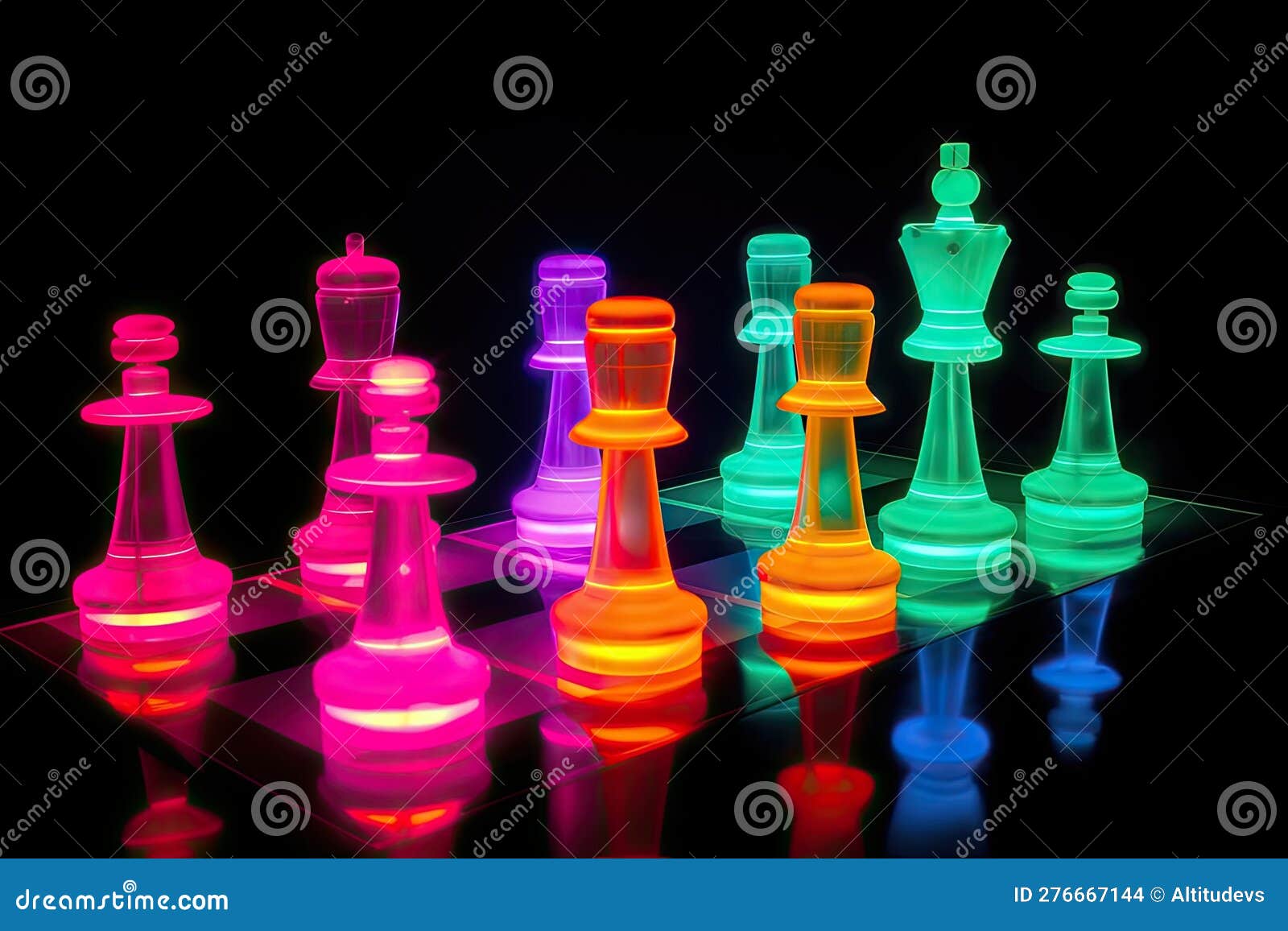 Neon Chess Pieces Set in Motion for Intense Game of Strategy Stock ...