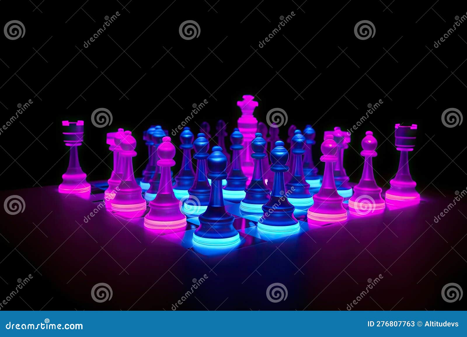 Neon Chess Pieces Set in Motion for Intense Game of Strategy Stock ...