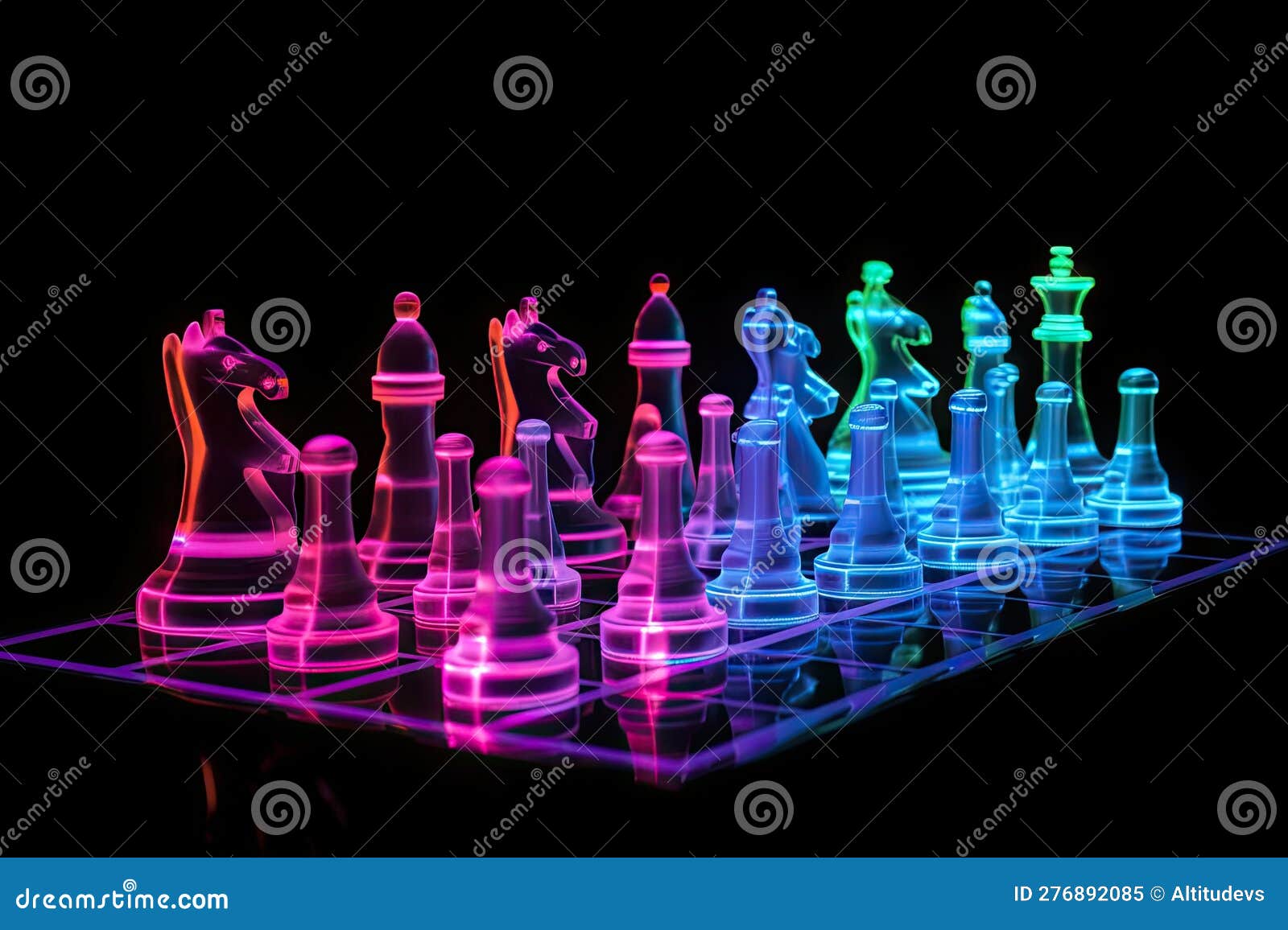 Neon Chess Set Against Black Background for Dramatic Effect Stock Image ...