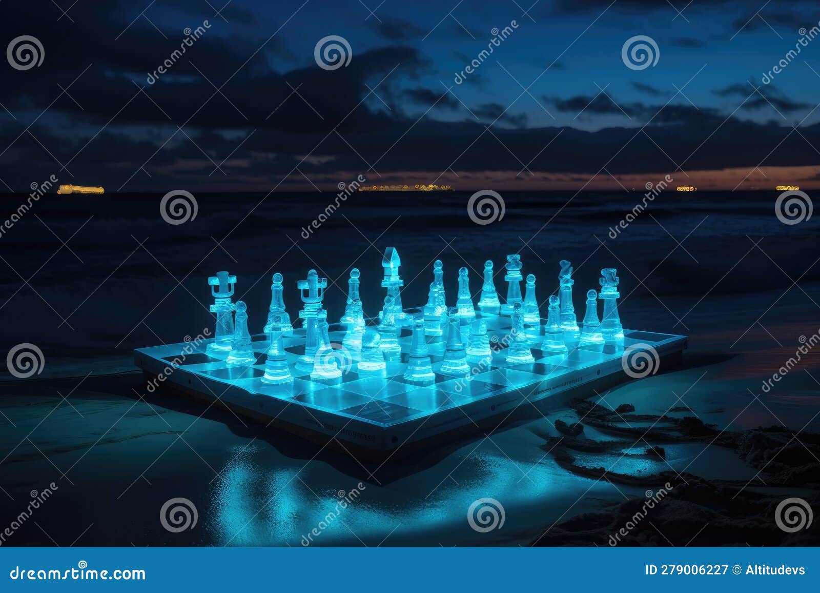Neon Chess Set on Beach, with Waves Rolling in and Gulls Flying ...