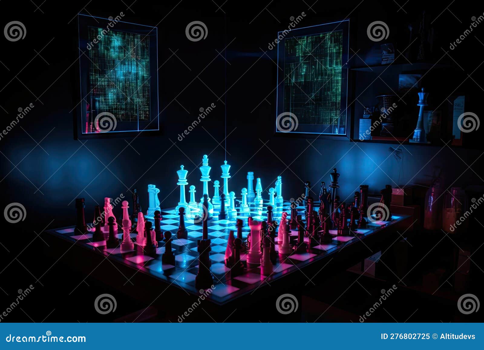 Neon Chess Set in a Dark and Mysterious Room, with Just the Right ...