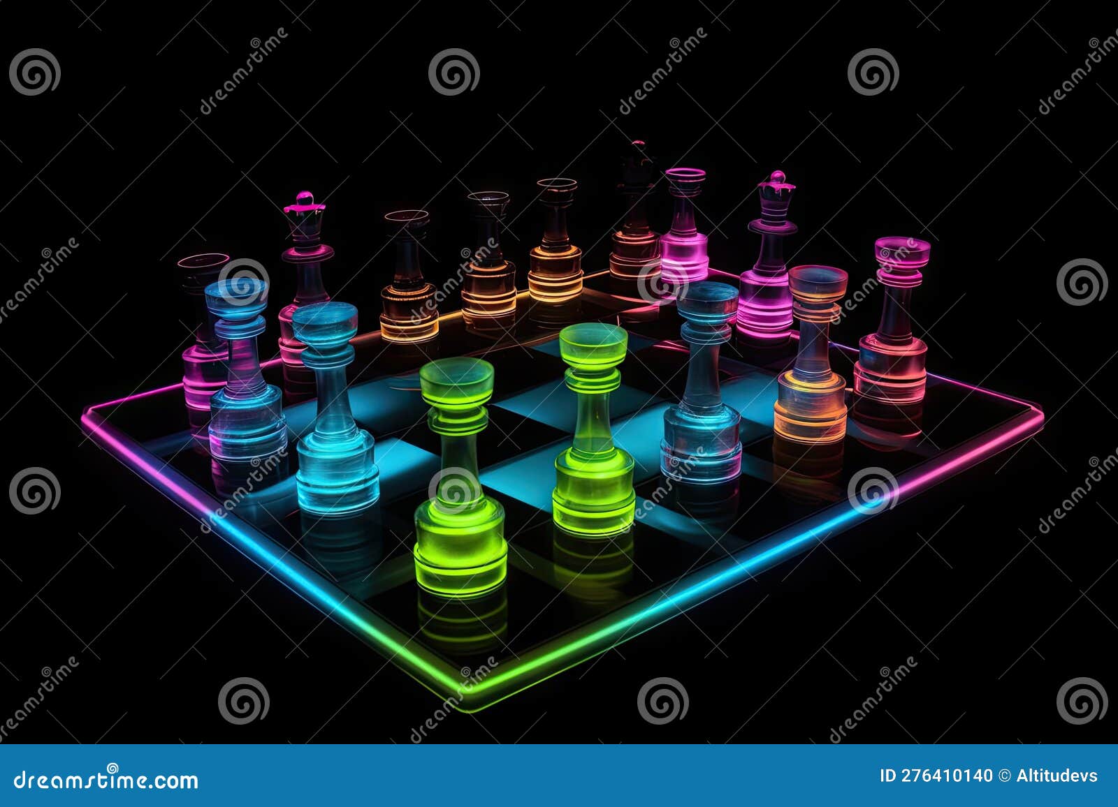 Neon Chess Set Floating in a Black Void Stock Illustration ...