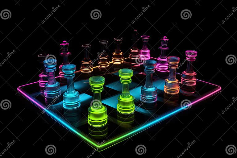Neon Chess Set Floating in a Black Void Stock Illustration ...