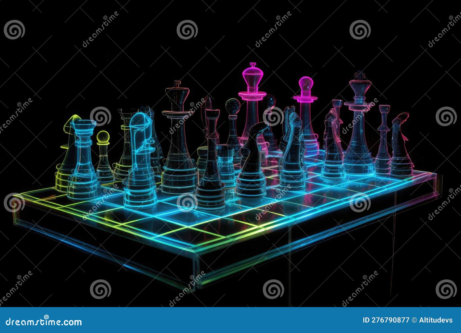 Neon Chess Set Floating in a Black Void Stock Illustration ...