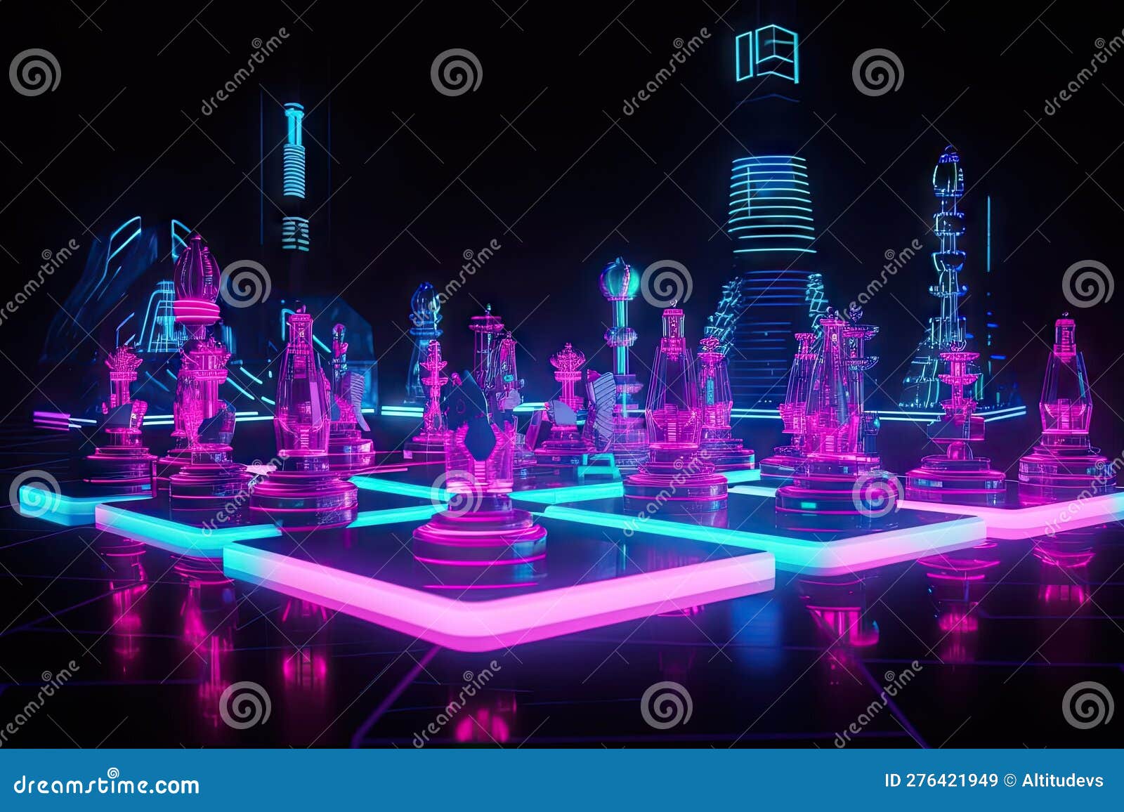 Neon Chess Set in Futuristic Hoverboard Park, with Hovering Vehicles ...