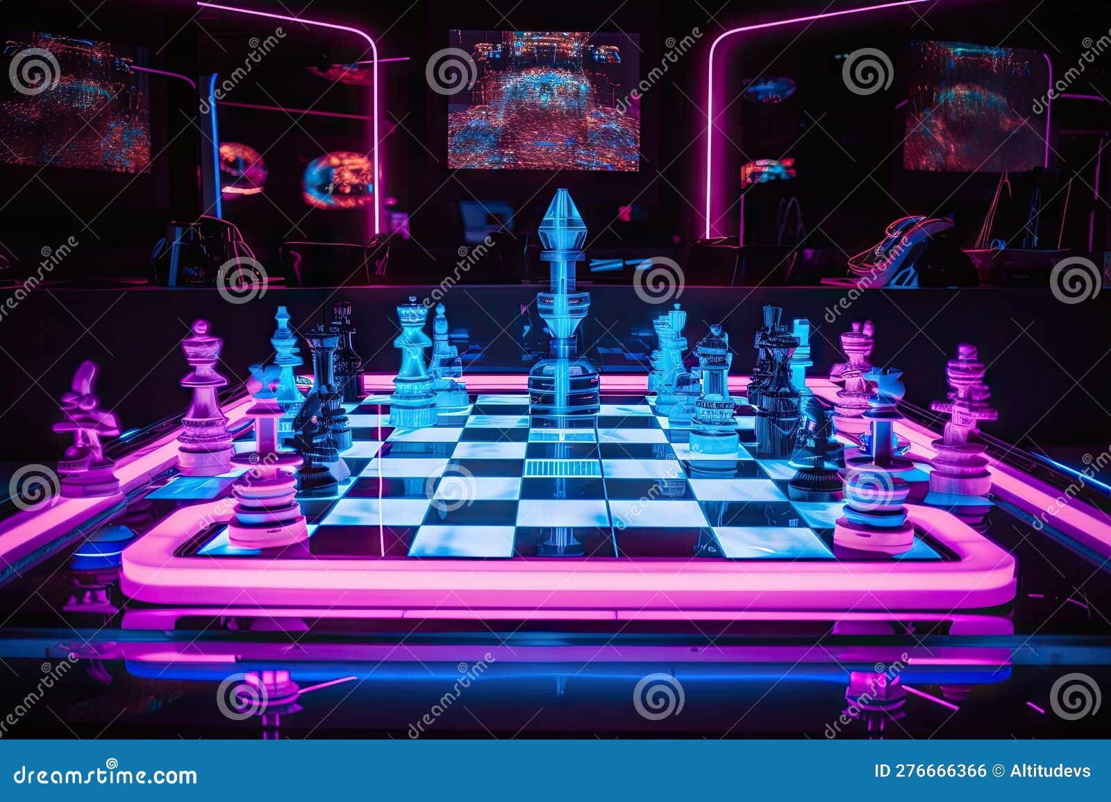 Neon Chess Set in Futuristic Hoverboard Park, with Hovering Vehicles ...