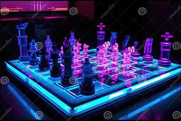 Neon Chess Set in Futuristic, Sci-fi Setting Stock Illustration ...