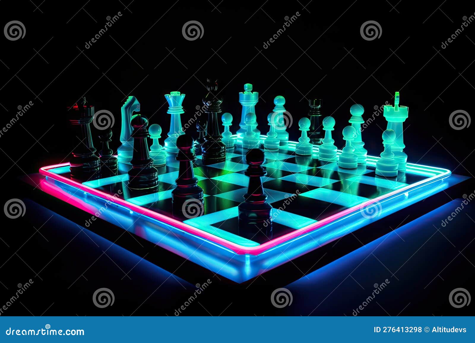 Neon Chess Set in Motion, with Pieces Moving and Making Their Moves ...