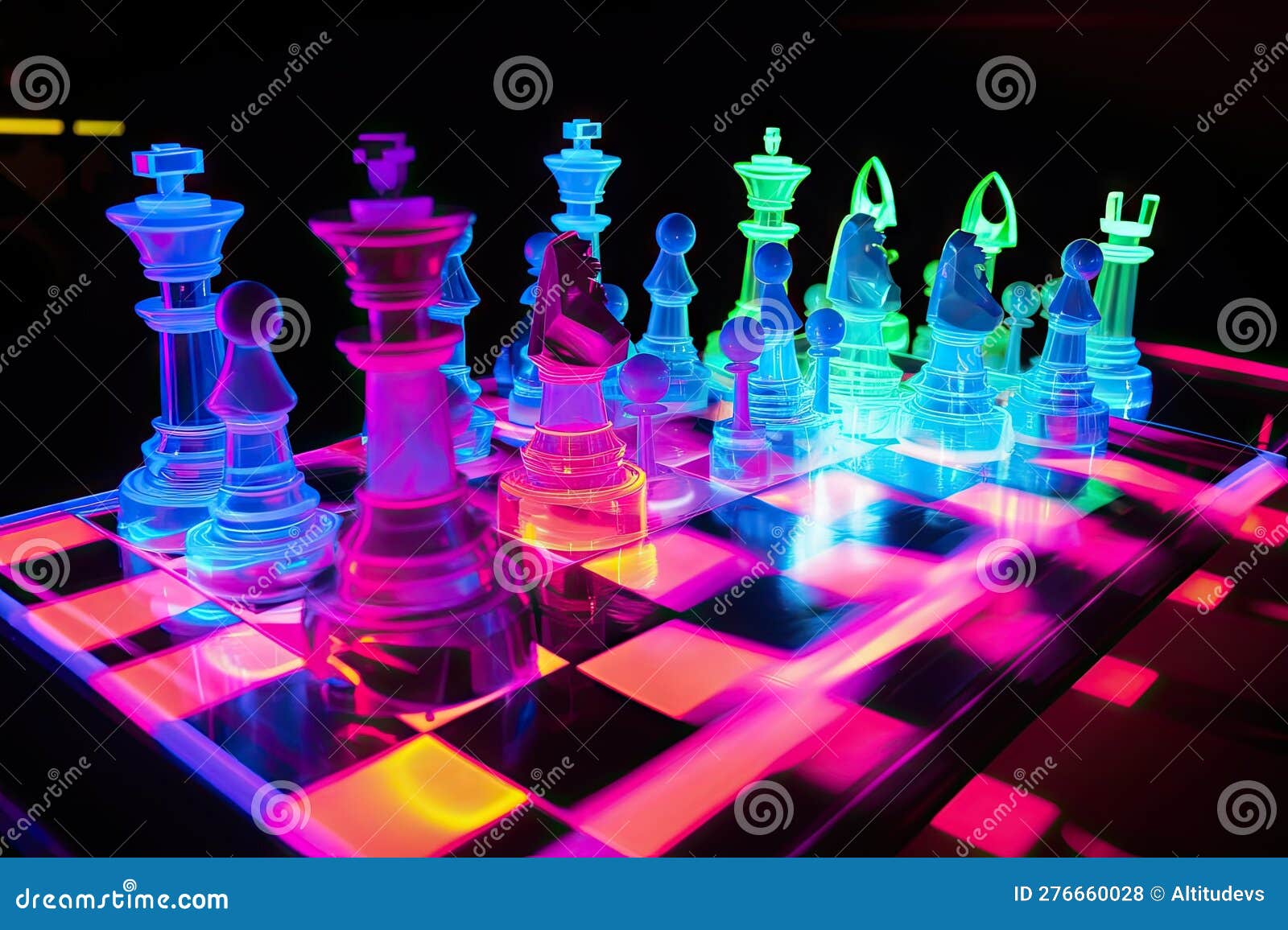 Neon Chess Set in Motion, with Pieces Moving and Making Their Moves ...