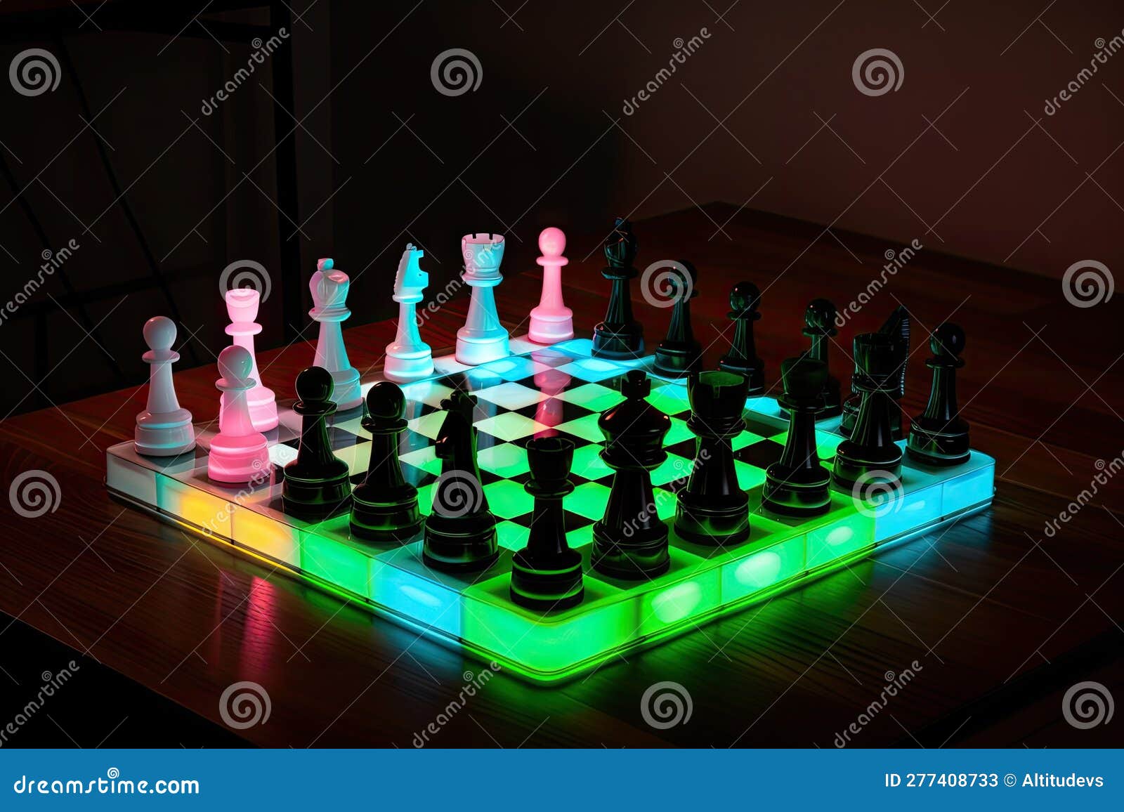 Neon Chess Set on Wooden Table with Black and White Pieces Stock Image ...