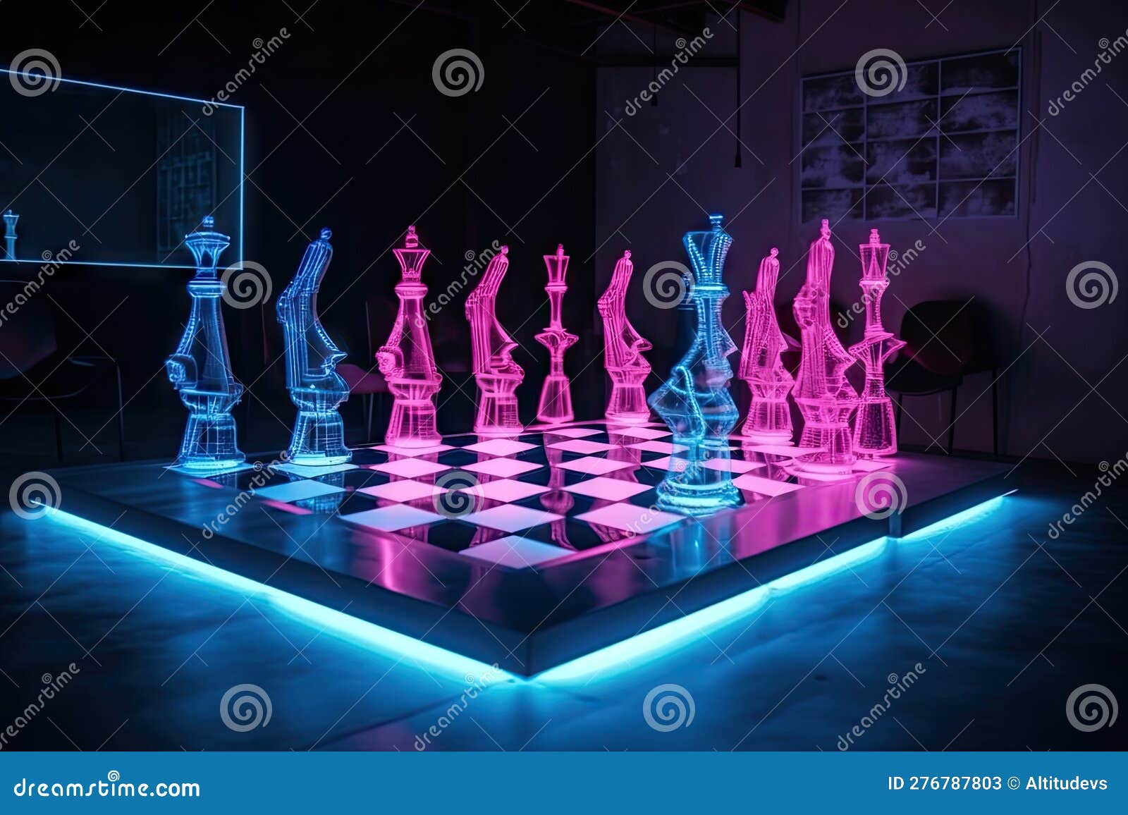 Neon Chess Set on Wooden Table in Futuristic and Futuristic Interior ...