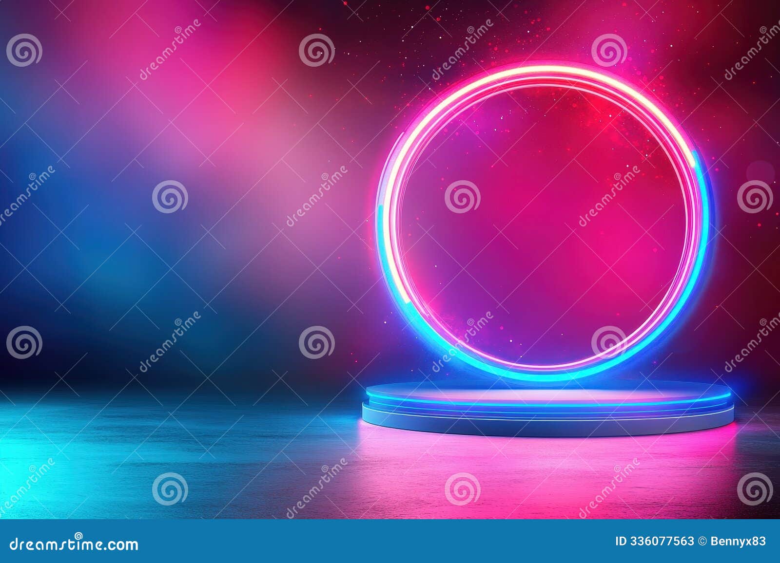 Neon Circle Frame with Blue and Pink Lights on Podium. Stock ...