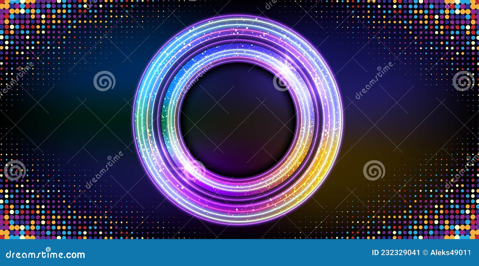 Neon Circle with Particles.Electric Round Frame.Disco Banner with ...