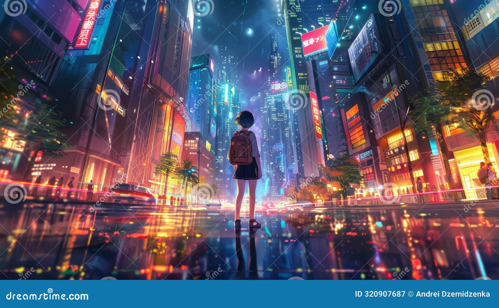 With a Neon City Backdrop, Girls in Anime Style Pos Stock Illustration ...