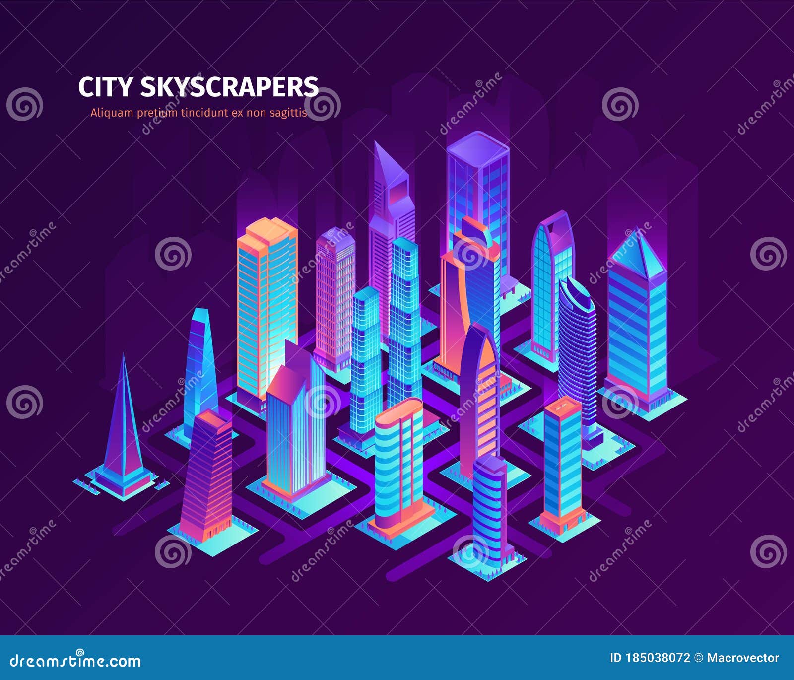 Neon City Skyscrapers Composition Stock Illustration - Illustration of ...