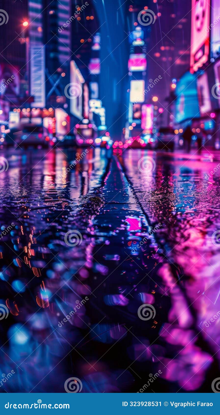 Neon City Street with Reflections after Rain at Night Stock Image ...
