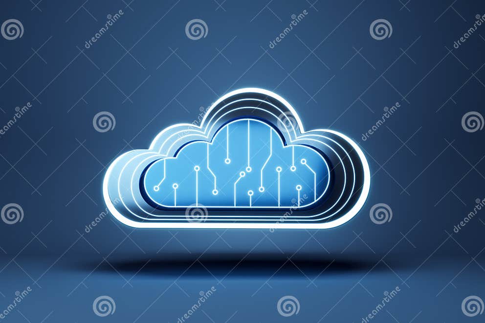 Neon Cloud Computing Icon on Blue Background. 3D Rendering Stock ...