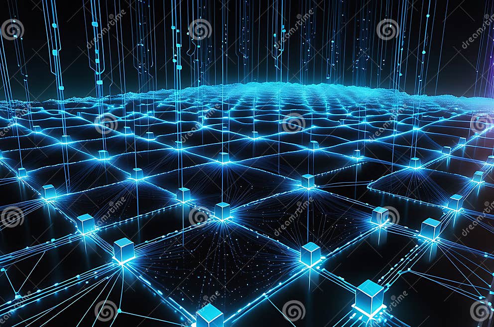 Neon Cloud: Data Packets Glowing with Neon Blue Light Stream Across the ...