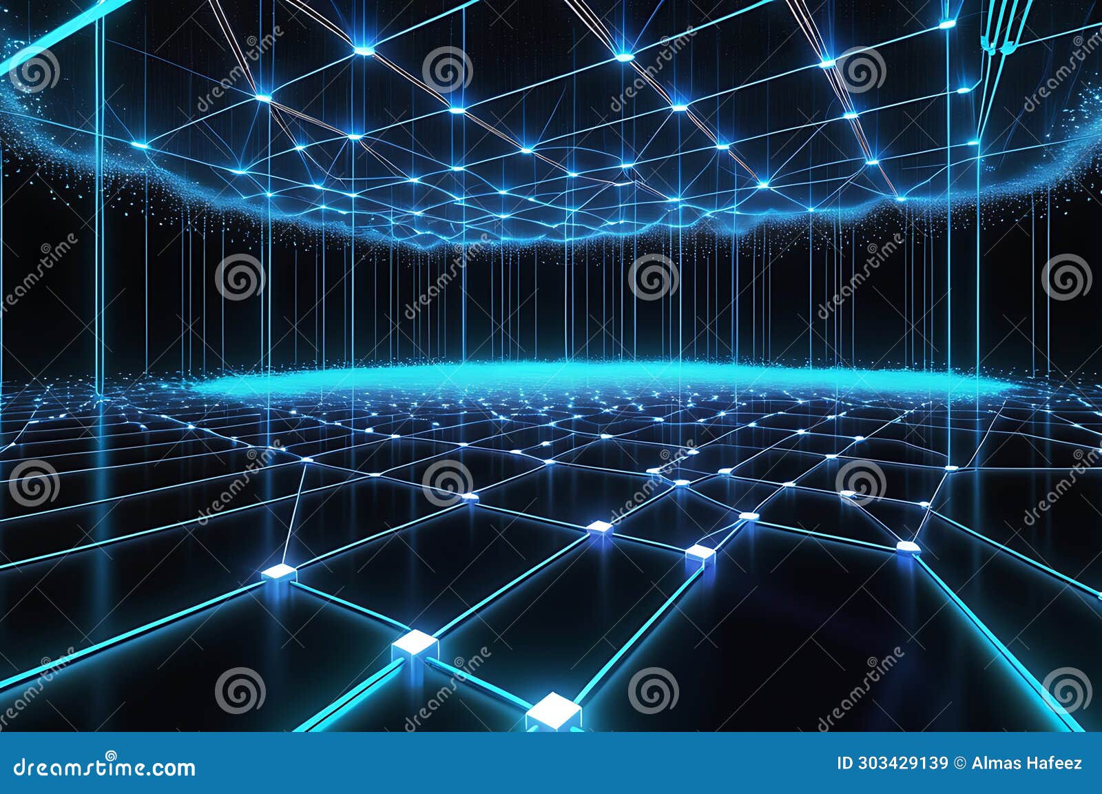 Neon Cloud: Data Packets Glowing with Neon Blue Light Stream Across the ...