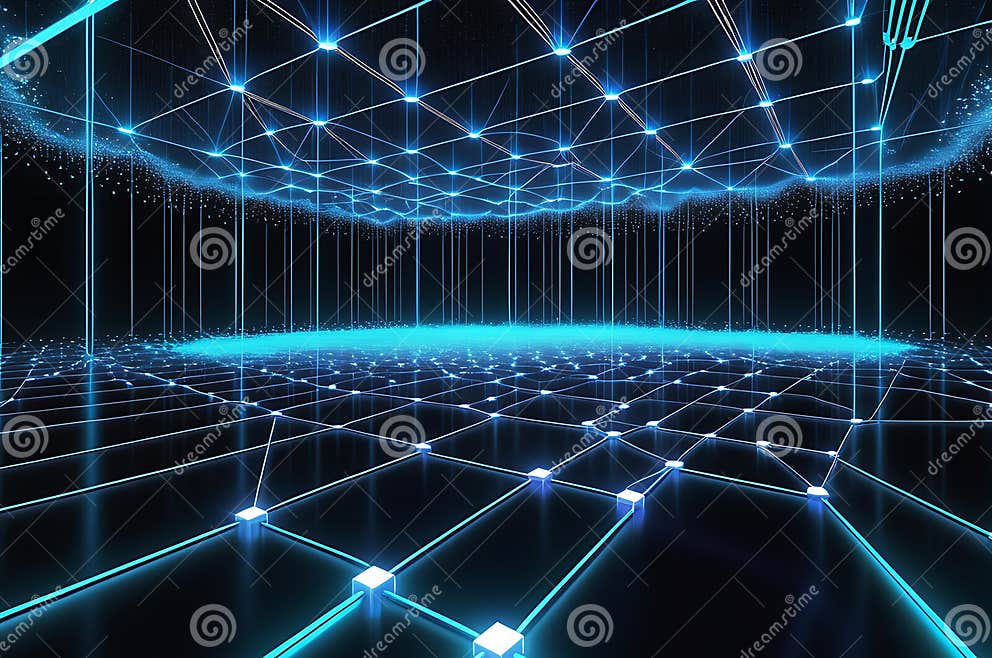 Neon Cloud: Data Packets Glowing with Neon Blue Light Stream Across the ...