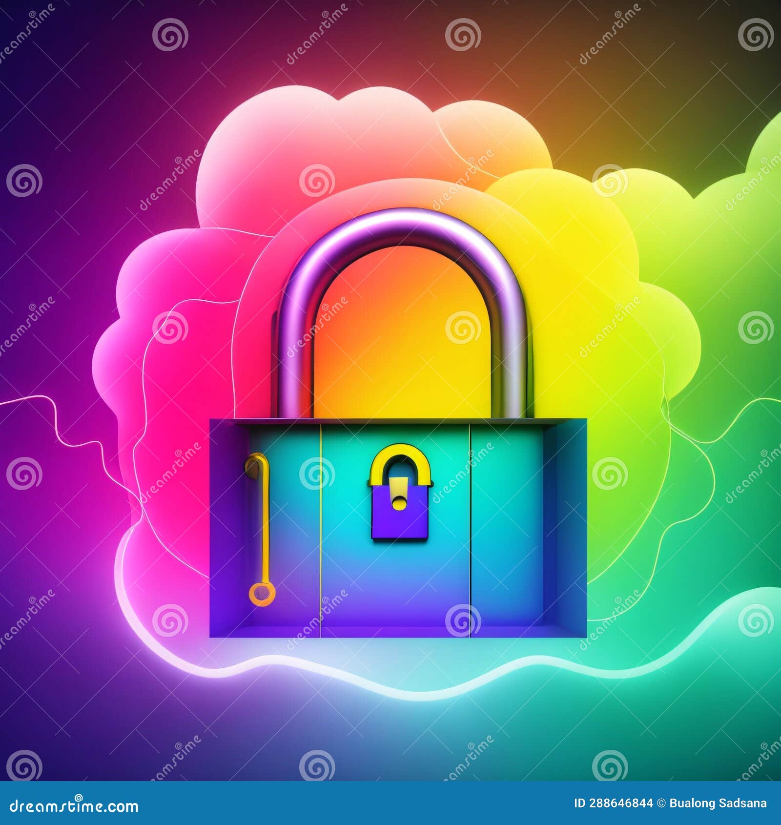 Neon Cloud with Locked Padlock. Concept of Data Protection, Security ...
