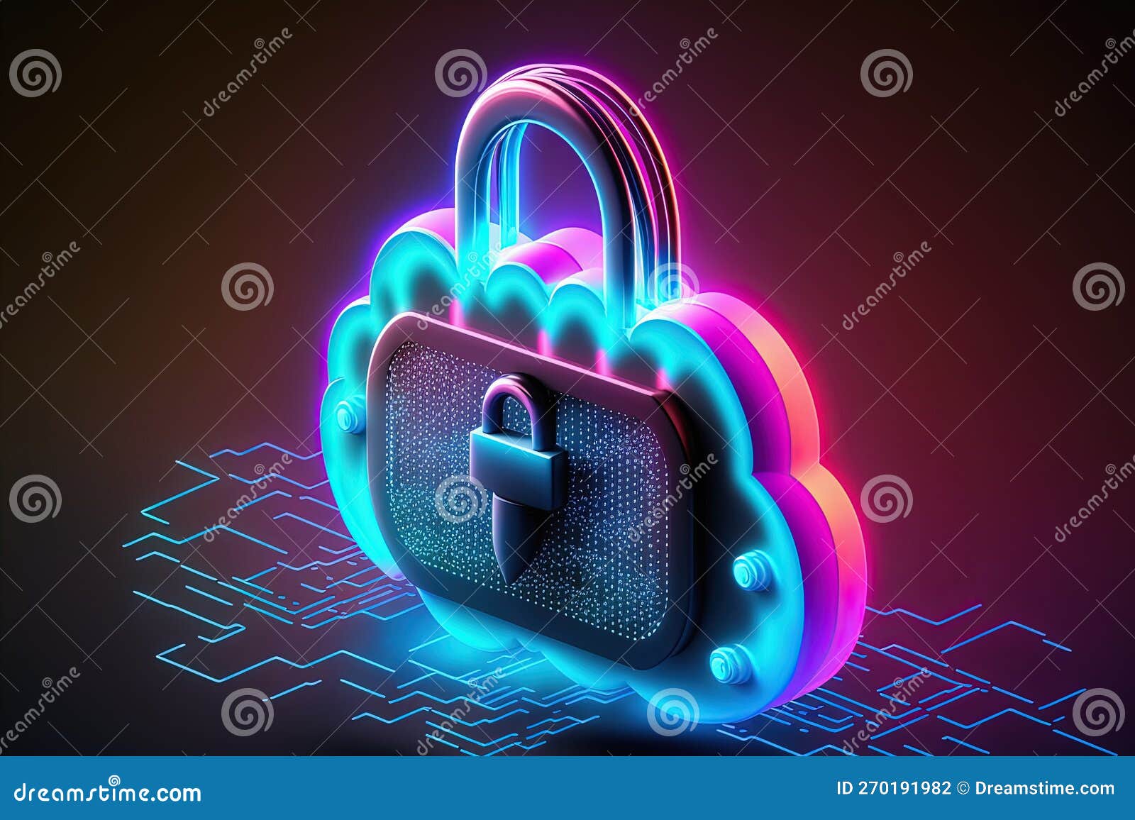 Neon Cloud with Locked Padlock. Concept of Data Protection, Security ...