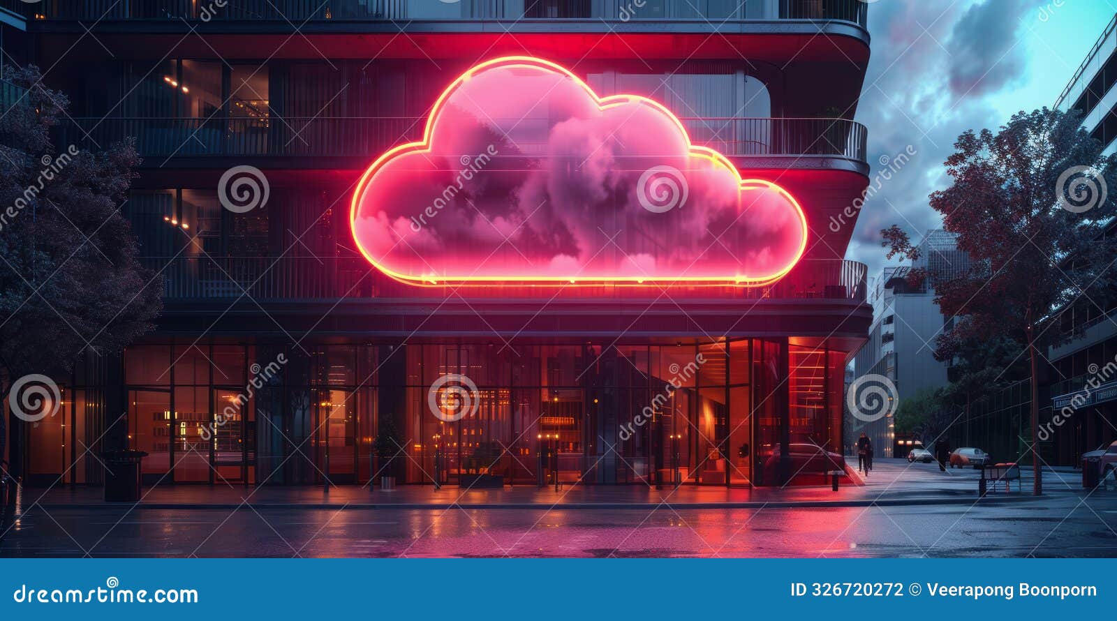 A Neon Cloud Logo On The Facade Of A Modern Building Royalty-Free Stock ...