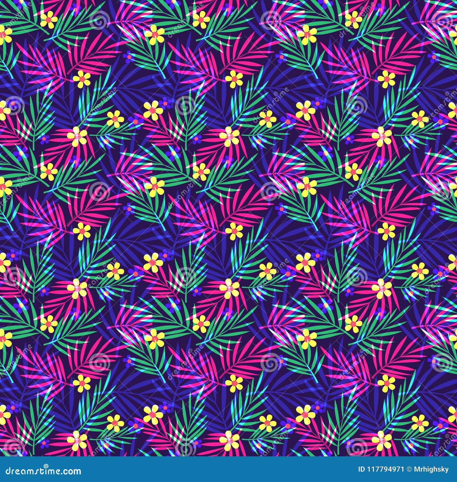 Neon Color Tropical Leaves and Flowers Seamless Pattern Stock Vector ...