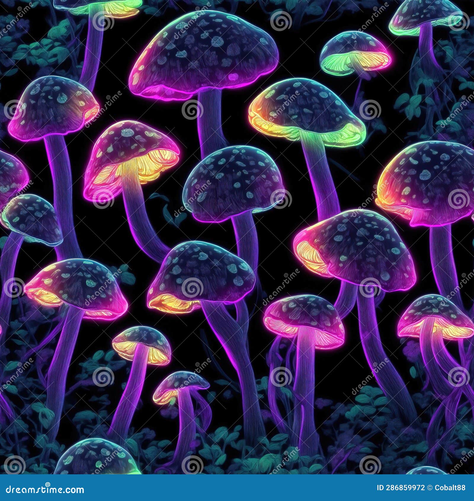 Neon Colored Fantastic Mushrooms Seamless Pattern Illustration Stock ...