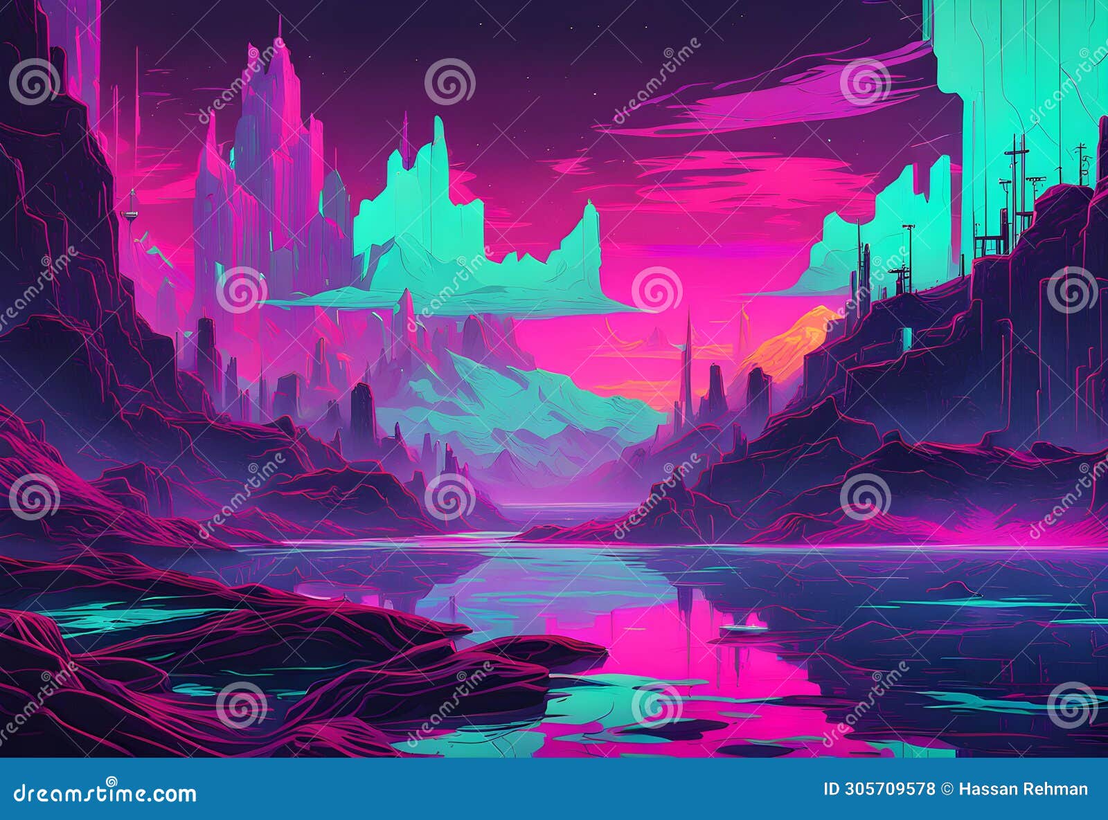 Neon-colored Lake, Rugged Waves, Cyberpunk Style Stock Illustration ...