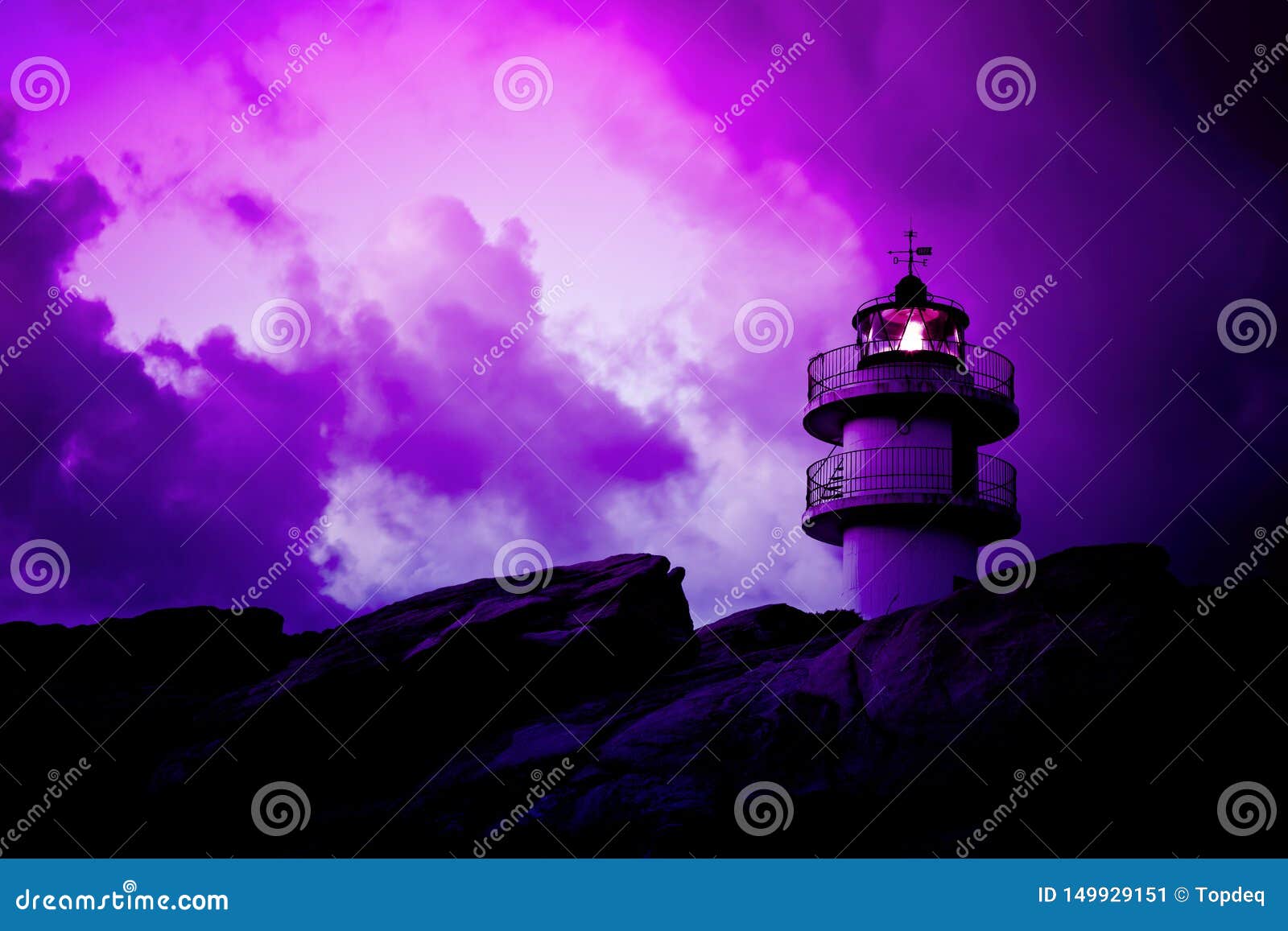 Neon Colored Landscape with Working Lighthouse Stock Image - Image of ...