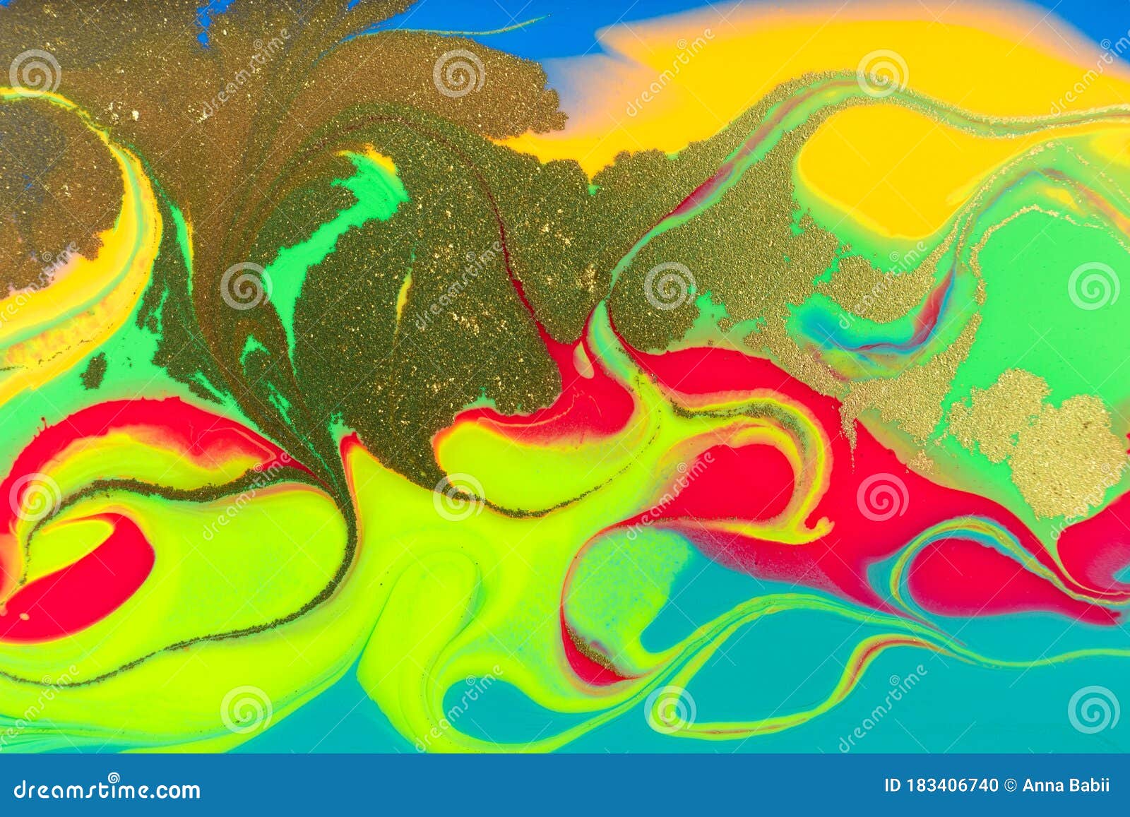 Neon Colored Marble Pattern with Golden Glitter. Fluorescent Liquid ...