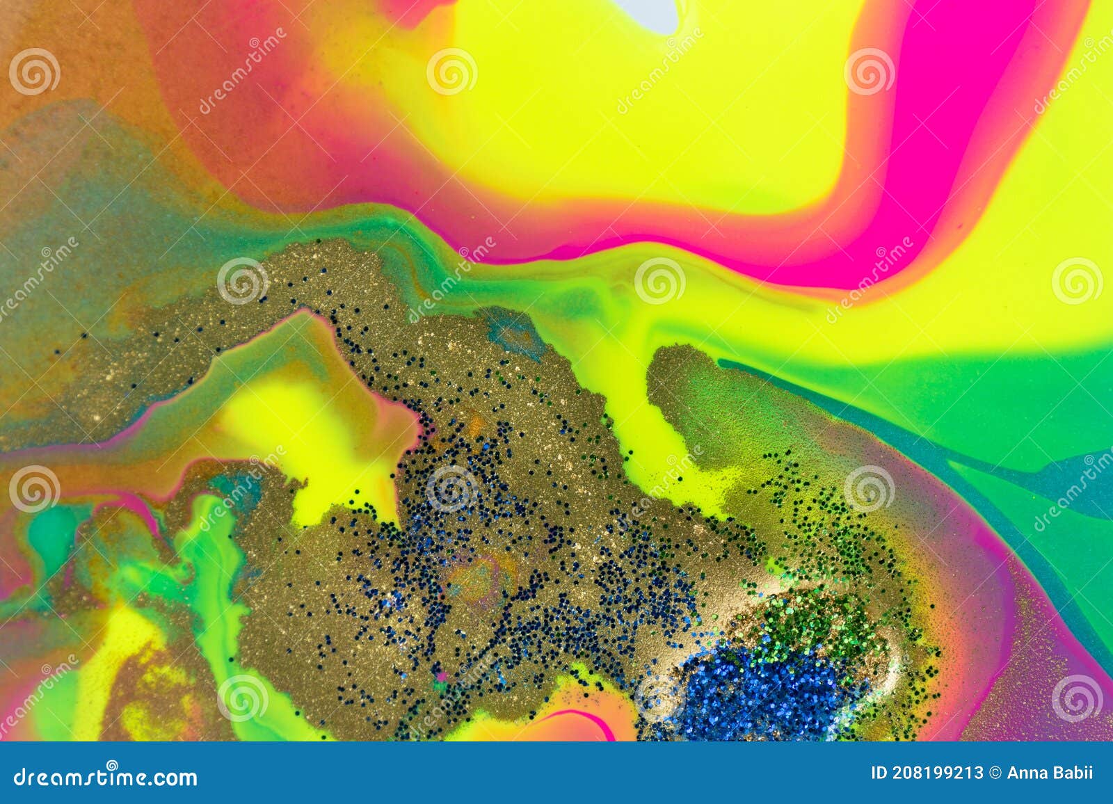 Neon Colored Marble Pattern with Golden Glitter. Fluorescent Liquid ...