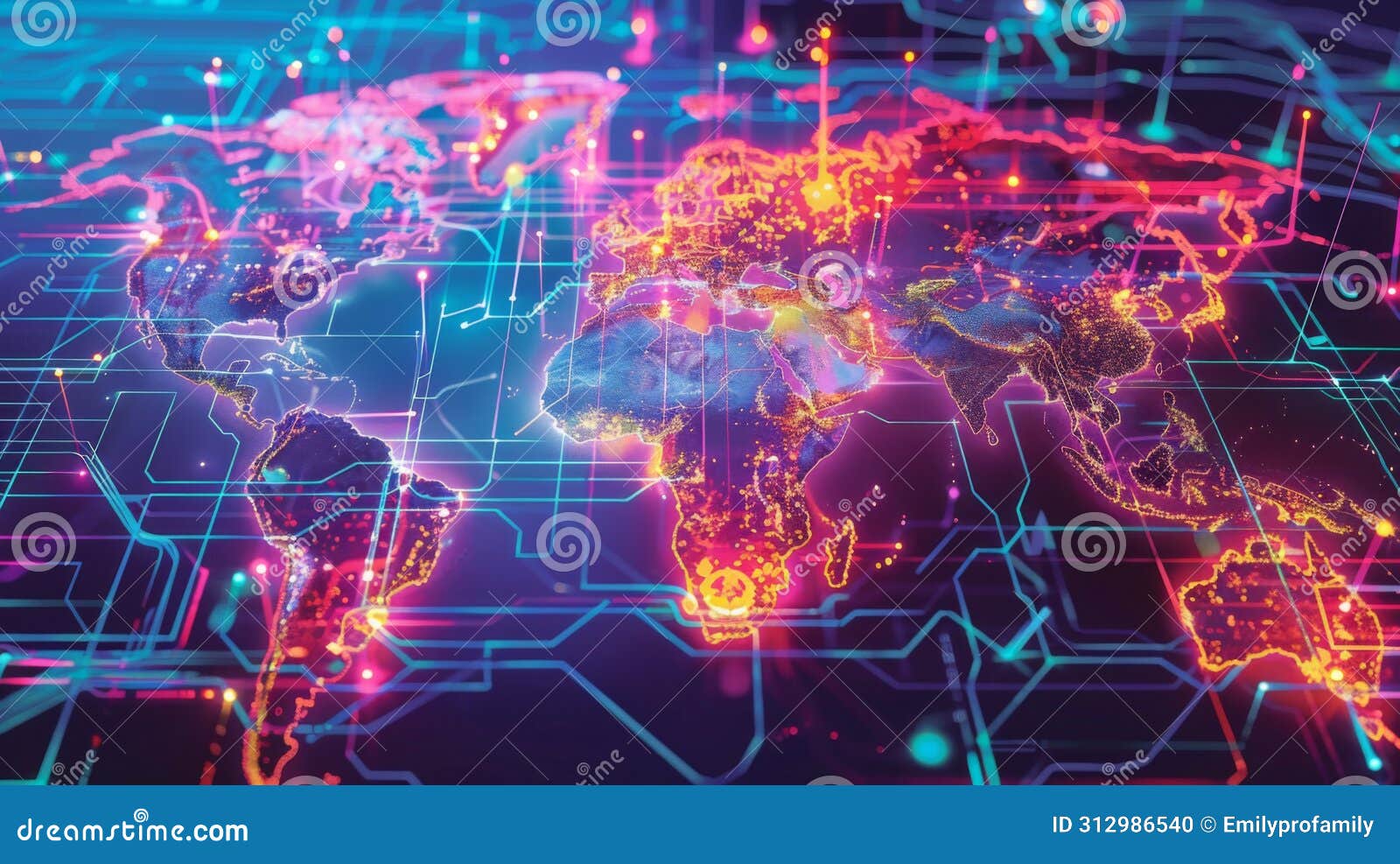 Neon Colored World Map Display Stock Photo - Image of travel, lights ...