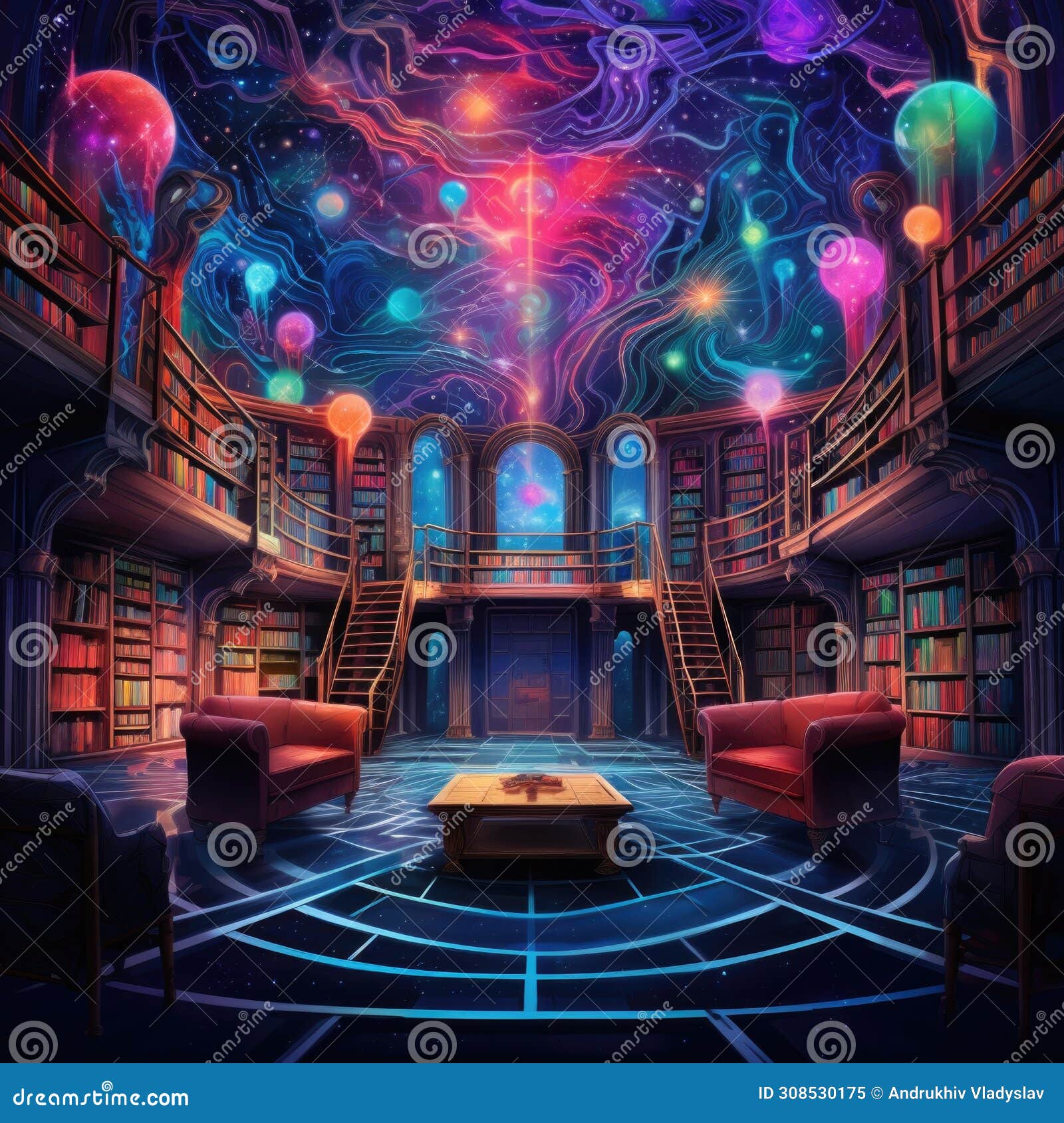 Neon Colorful Magical Library in Space Stock Illustration ...