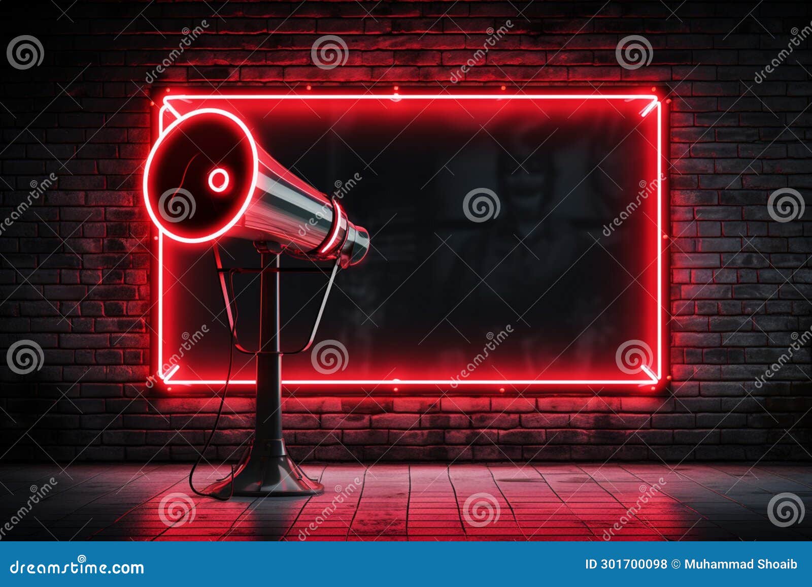 Neon Communication Red Megaphone Stands beside an Empty Text Frame ...