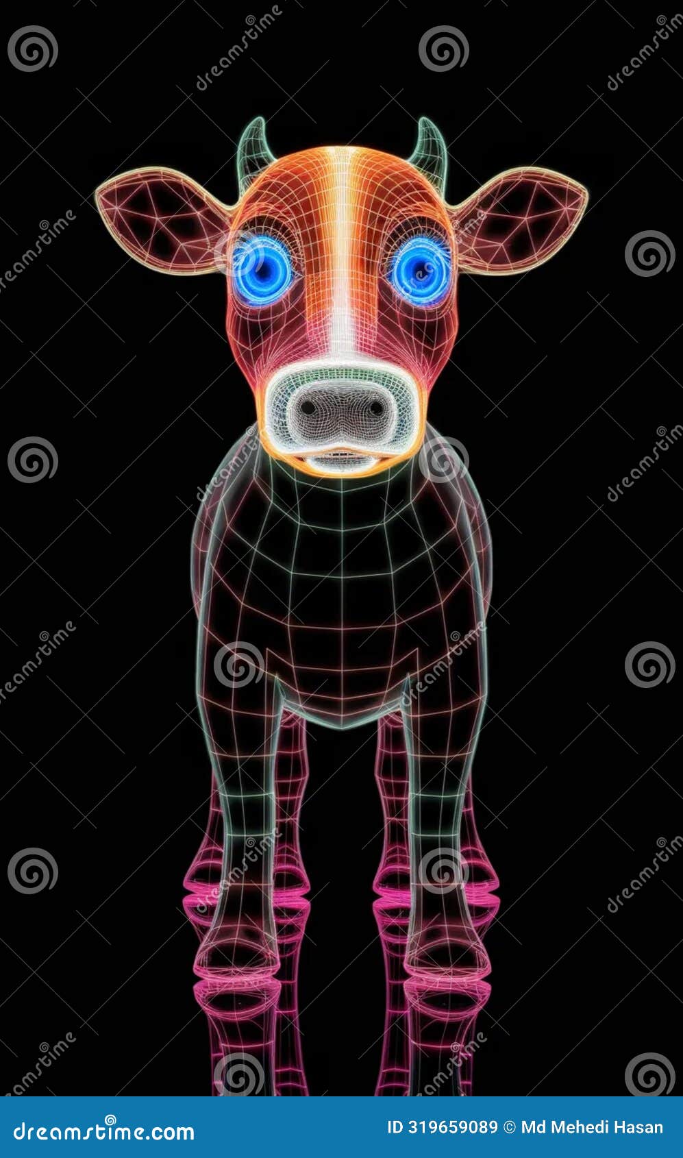 A Neon Cow Sits on a Ledge with a City in the Background. Ai Generated ...