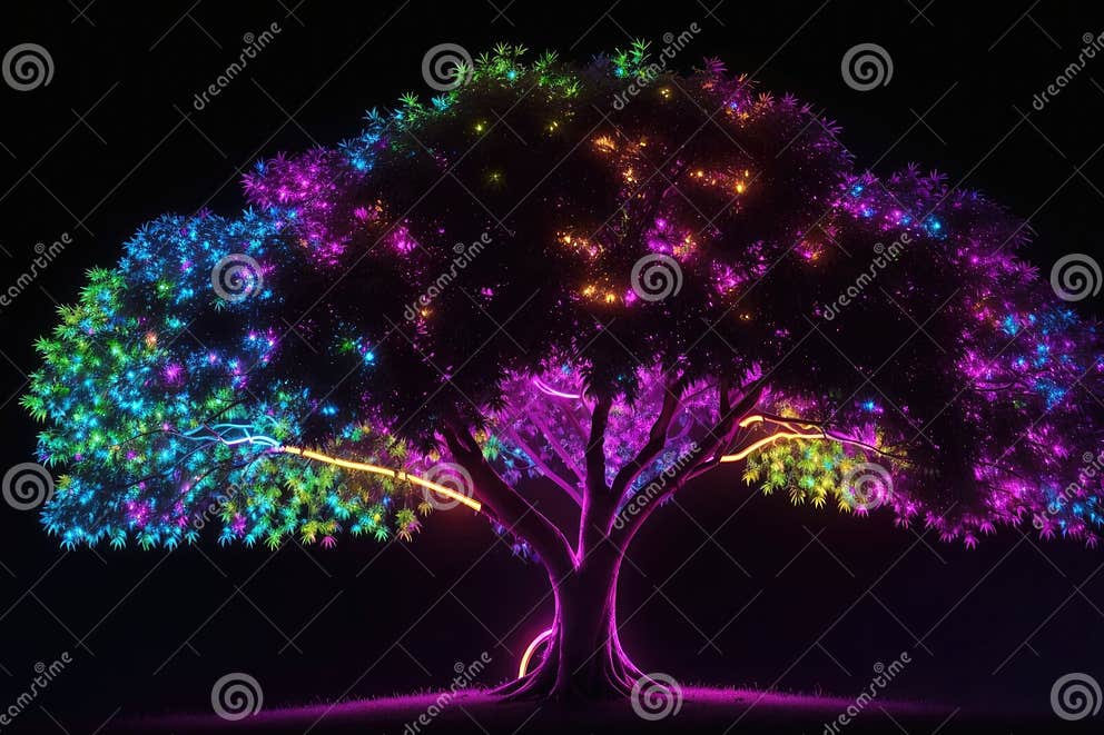 Neon Creative Tree Branches at Night Background Ai Generative Stock ...