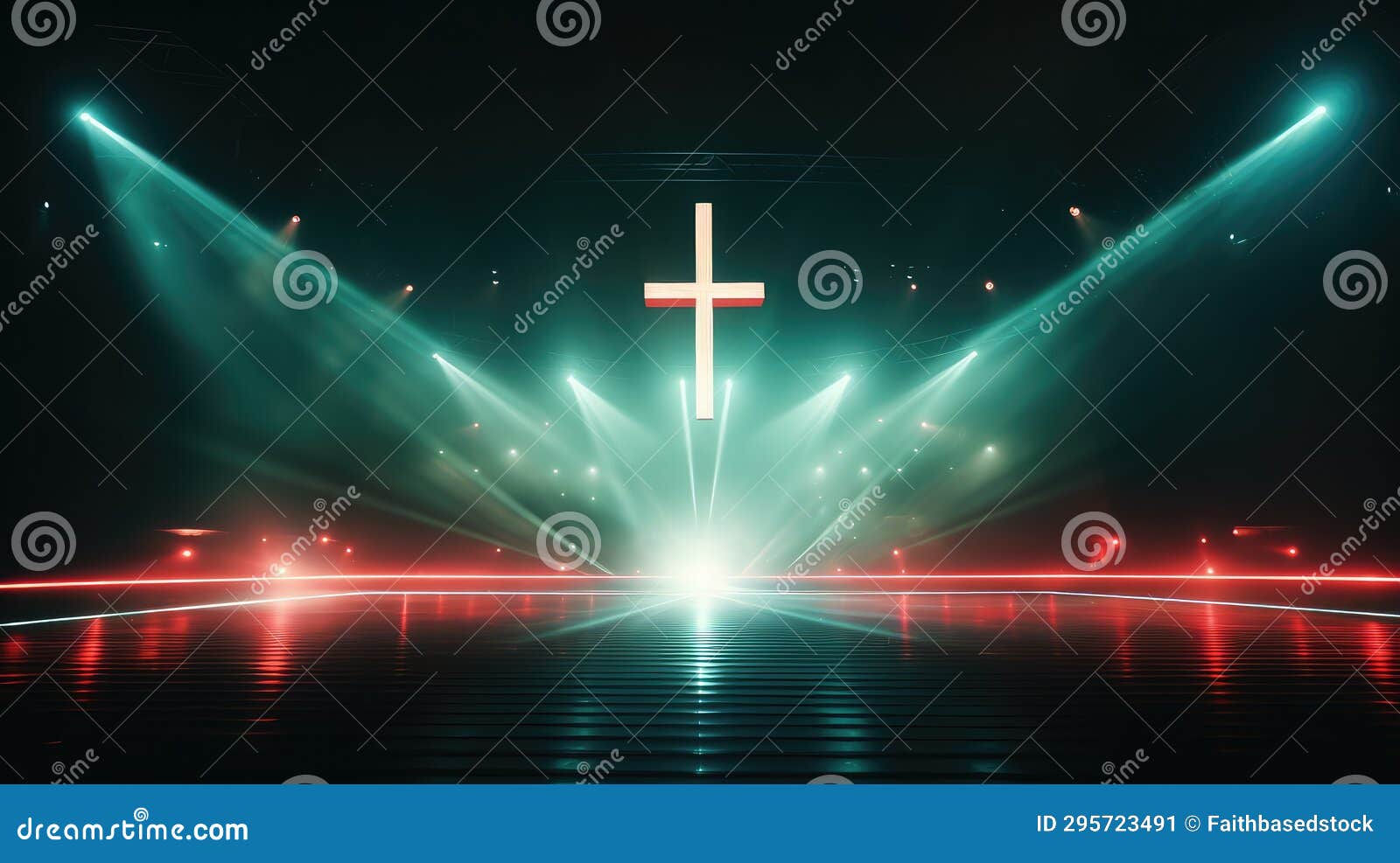Neon Cross on Stage with Smoke and Rays of Light. Stock Illustration ...