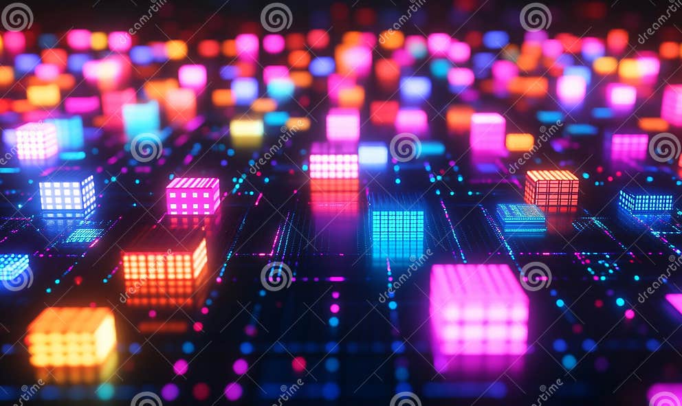 Neon Cubes Digital Network Abstract Background High Quality Image Stock ...