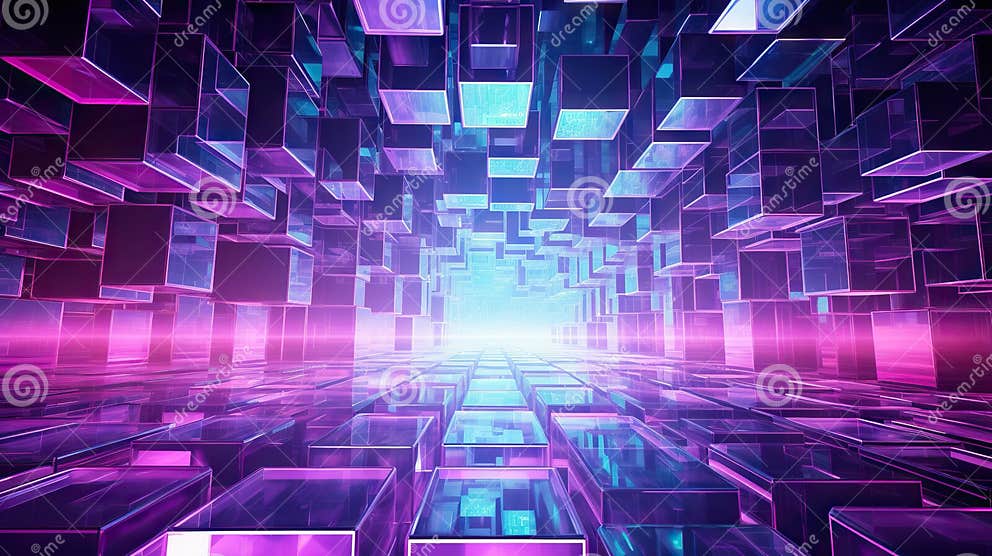 Neon Cubes Symphony Abstract 3D Cubes Empty Hallway Background in Computer Graphics Render Style ...