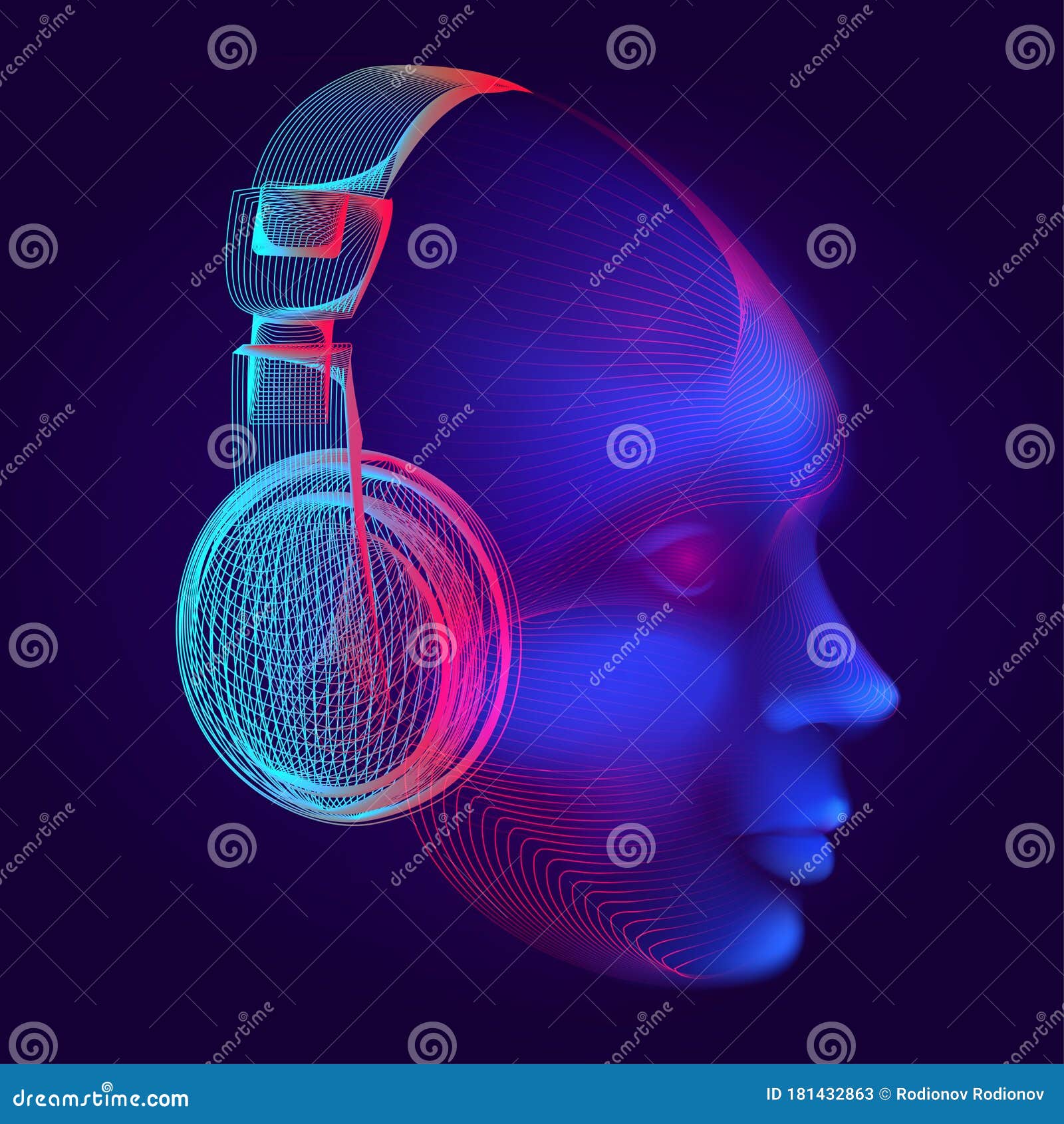 Neon Cyber Dj or Robot Head with Outline Electronic Headphones ...