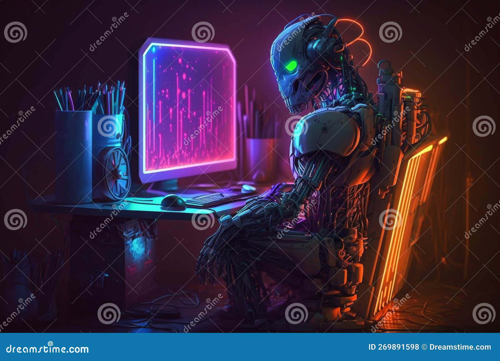 Neon Cyber Robot Working Computer Workplace Illustration Generative AI ...