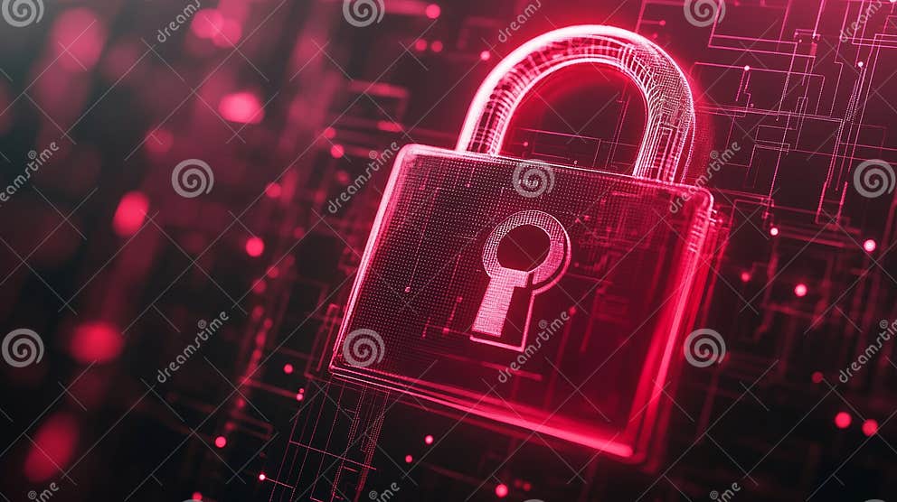 Neon Cyber Security Padlock Icon on Red Technology Background. Data ...